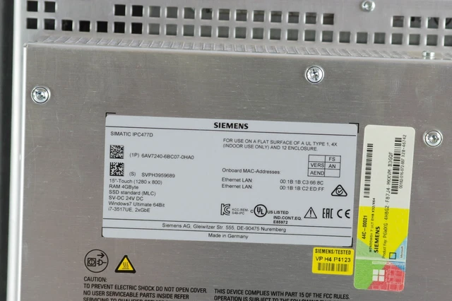 SIEMENS 6AV7240-6BC07-0HA0 / 6AV72406BC070HA0 Simatic HMI IPC477D 15 ...