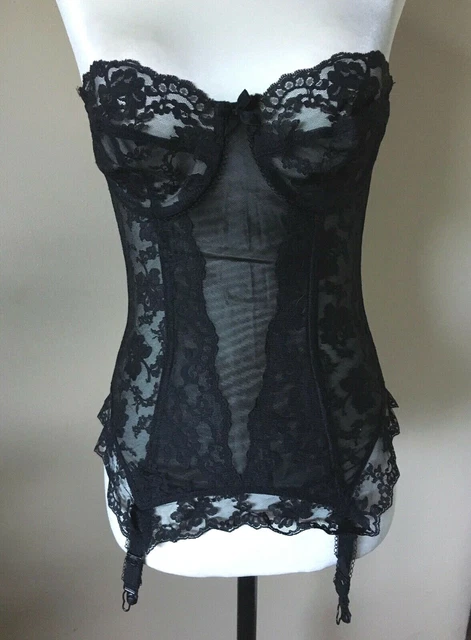 VINTAGE GOSSARD SHEER Black Lace Suspender Basque Guepiere Pinup 34B £ ...