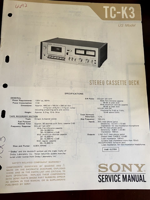 MANUEL D'ENTRETIEN SONY TC-K3 TCK3 DES ÉTATS-UNIS **ORIGINAL** EUR 12,63 - PicClick FR