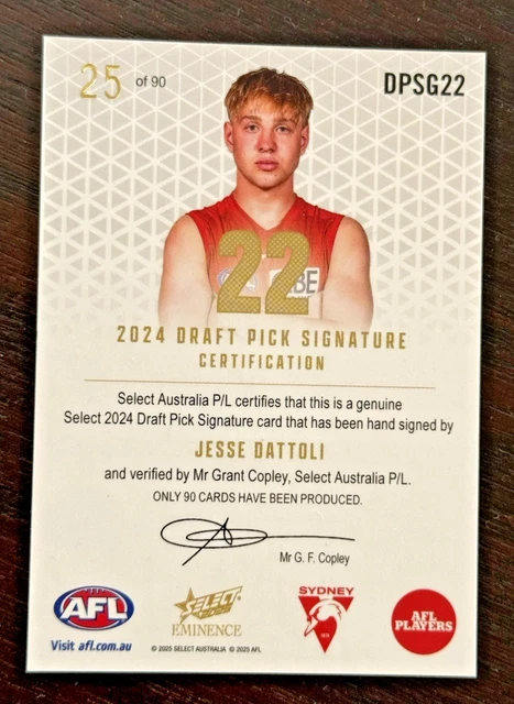 2025 AFL SELECT Eminence DPS Gold Jessi Dattoli Draft Pick Signature 25 ...