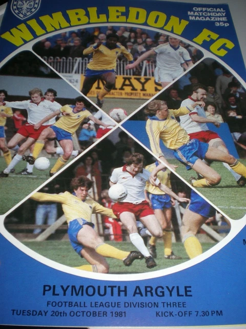 WIMBLEDON V PLYMOUTH ARGYLE, 20th OCT 1981, MINT CONDITION, NO WRITING ...