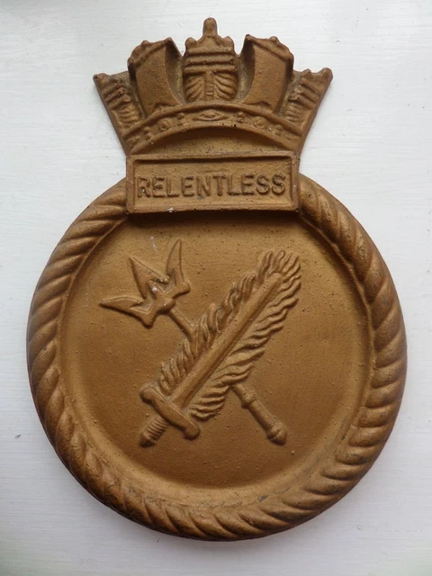 TRENCH ART WW2 Royal Navy HMS Relentless crest wall plaque tampion ...