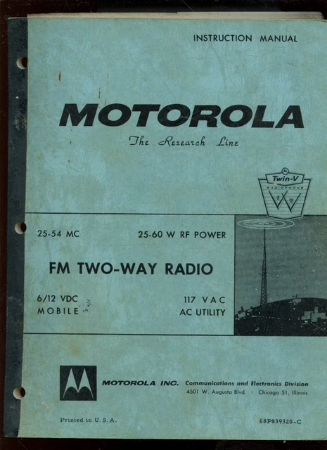 VINTAGE 1957 MOTOROLA Two-Way Mobile Radio Instruction Manual Tubes ...