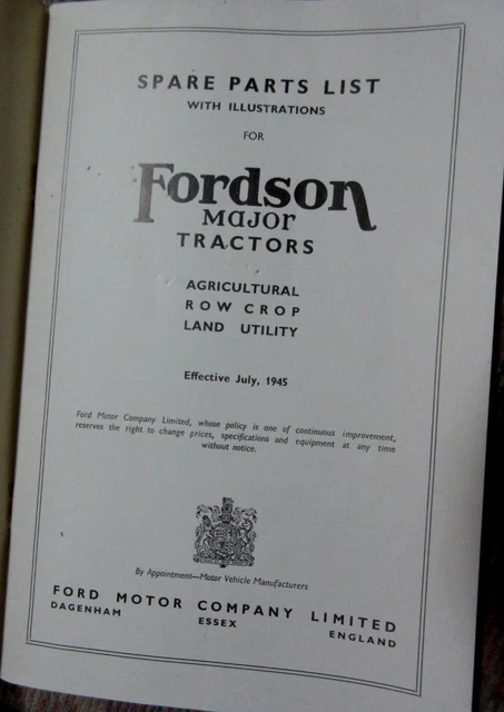 FORDSON MAJOR TRACTOR SPARE PARTS LIST 1945 Book Manual £10.00 ...