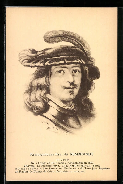 CARTE POSTALE REMBRANDT van Ryn, portrait du peintre avec chapeau EUR 6 ...