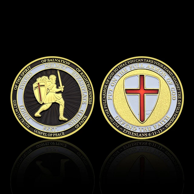 GOLD COIN OF Put on The Armor of God Defend The Faith Holy Shield Cross ...
