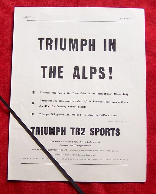TRIUMPH TR2 SPORTS Car Alpine Rally Success 1954 Original Vintage ...