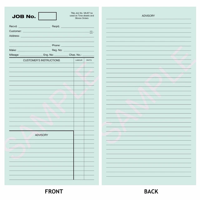GARAGE WORKSHOP REPAIR JOB CARD WORKS CARDS JOB SHEET Pack of 50 Blue ...