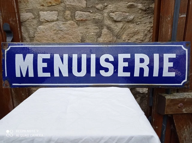 PLAQUE ANCIENNE PUBLICITAIRE émaillée MENUISERIE, longueur 60 cm/hauteur 15,5 cm EUR 251,00 ...
