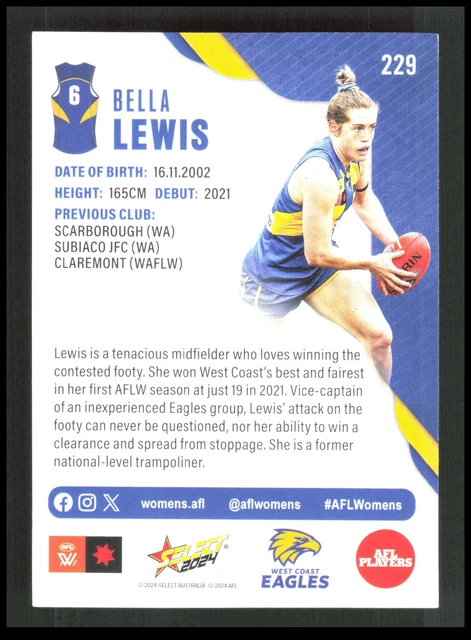 AFL 2024 SELECT West Coast Eagles Bella Lewis 229 Card CB-1-4-A-23 $2. ...
