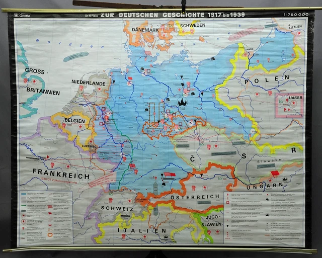 ROLLABLE MURAL GEOGRAPHICAL Wall Chart Map of German History 1917-1939 ...