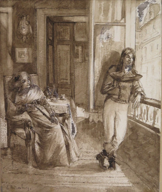 ANCIENNE PEINTURE TABLEAU Aquarelle Signé Rottembourg Portrait Scène Galante X10 EUR 108,88 ...