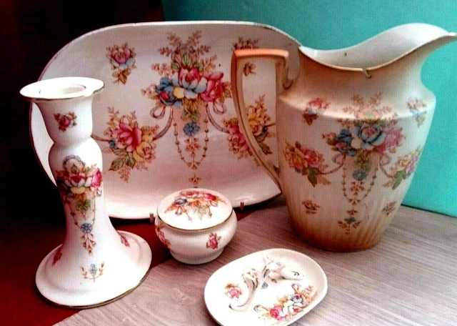 ART NOUVEAU CROWN Devon WYE Fieldings Dressing Table Jug Candlestick ...