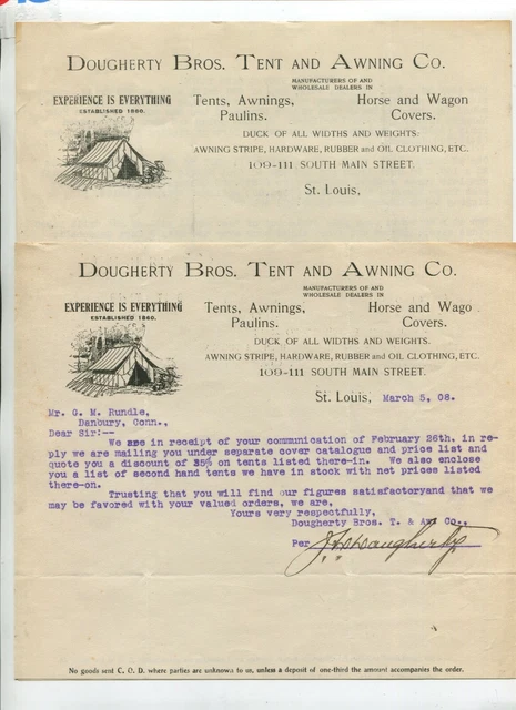 VINTAGE ILLUSTRATED LETTERHEAD DOUGHERTY BROS TENT & AWNING St Louis MO ...
