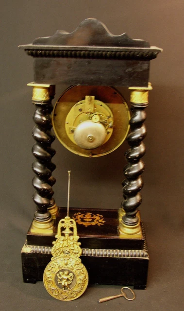 RARE PENDULE NAP III horloge portique à colonnes torsadées marqueterie ...