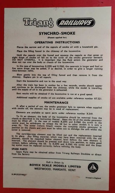 TRIANG HORNBY COPY Synchrosmoke Operating and Service Sheet X391 & X392 ...