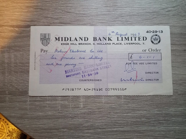 OLD CHEQUE 1969 Midland Bank UK Edge Hill Branch £1.99 - PicClick UK