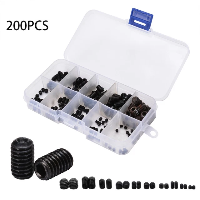 ASSORTED BOX OF Grub Screws Black M3 M4 M5 M6 M8 Qty 200 Screw Set Hex ...