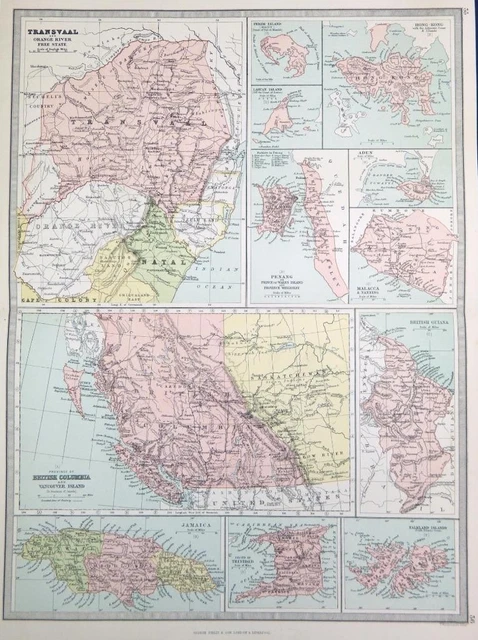 1883 - LARGE Antique Colour Map of BRITISH COLUMBIA West Indies ...
