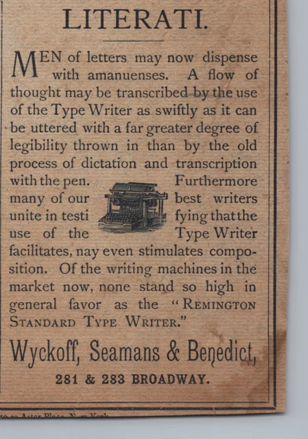 1880S LITERATI WYCKOFF Seamans Benedict Remington Typewriter Print Ad 2 ...
