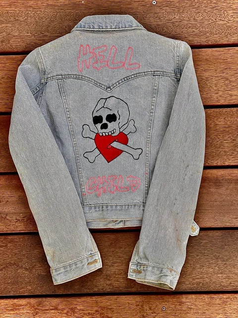 HELL CHILD CHAINSTITCH embroidery denim jacket worn EUR 72,74 - PicClick FR