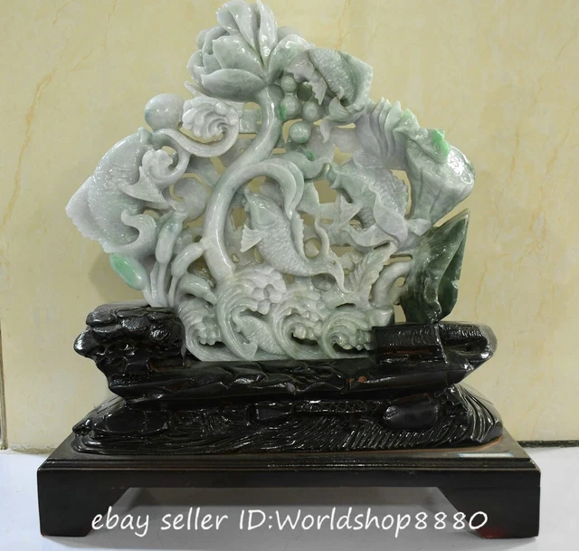 16.4& NATURAL CHINESE Marked Green Jadeite Carving Fish Flower Lotus ...