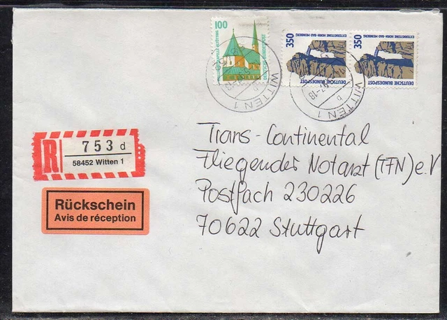 1020 EBF EINSCHREIBEN R-Brief Rückschein, WITTEN vom 14.05.1997 Mi.Nr. 1406,1407 EUR 1,00 ...