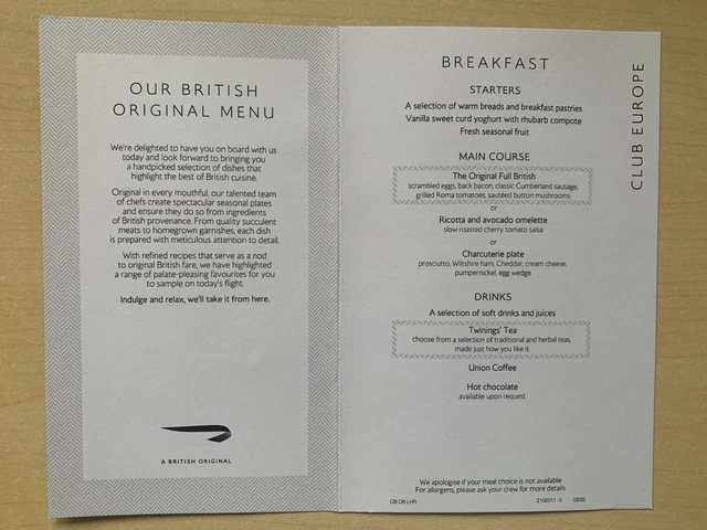 BA BRITISH AIRWAYS Club Europe Menu - 2023 - Breakfast Menu £1.99 ...
