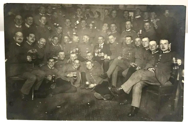 WW1 PHOTO POSTCARD Group German Prussian Soldiers Drinking Beer Party ...