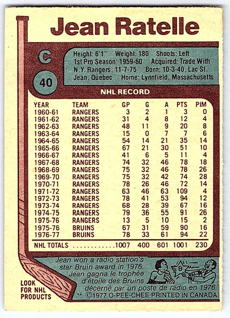 1977-78 O-PEE-CHEE **C** Jean Ratelle Boston Bruins #40 $1.25 - PicClick CA