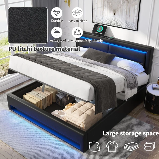 UPHOLSTERED OTTOMAN STORAGE Bed 6ft Super King LED Hydraulic Bed Frame ...