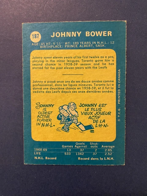 1969 O-PEE-CHEE OPC Hockey #187 Johnny Bower Toronto Maple Leafs EX ...