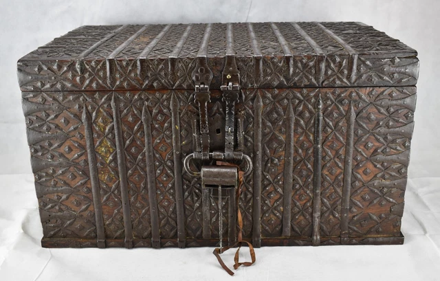 16TH C. ANTIQUE Islamic Arabic Asian Iron Wooden Treasury Chest Trunk ...