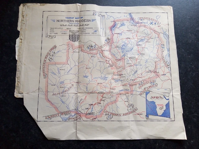 VINTAGE TOURIST MAP of Northern Rhodesia 33cm x 28cm f-G Hunting ...