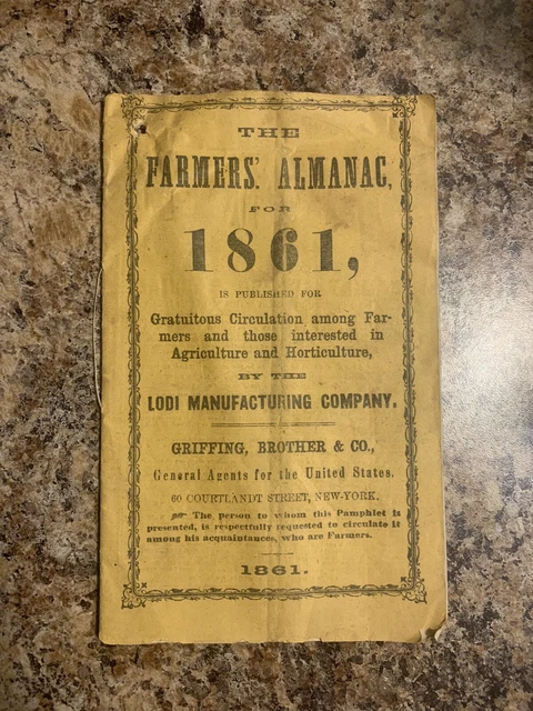 THE FARMERS AND Planters 1861 Almanac Lodi Mfg. Co. Rare Antique £17.17 ...