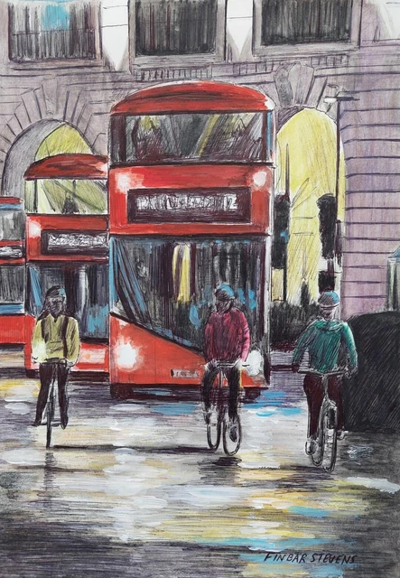 ORIGINAL PAINTING 'REGENT Street Riders' London bus cyclists Northern ...