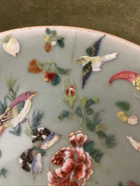 19TH CENTURY CHINESE Porcelain Celadon Plate Birds Butterflies Flowers ...
