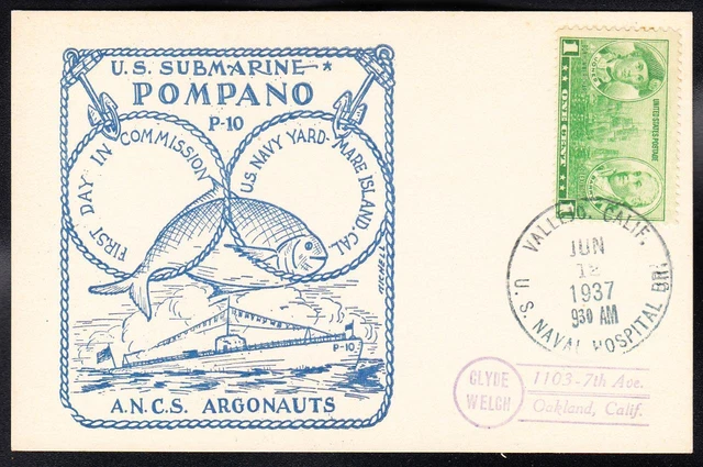 WWII SUBMARINE USS POMPANO SS-181 COMMISSIONING SUNK WWII Naval Cover ...