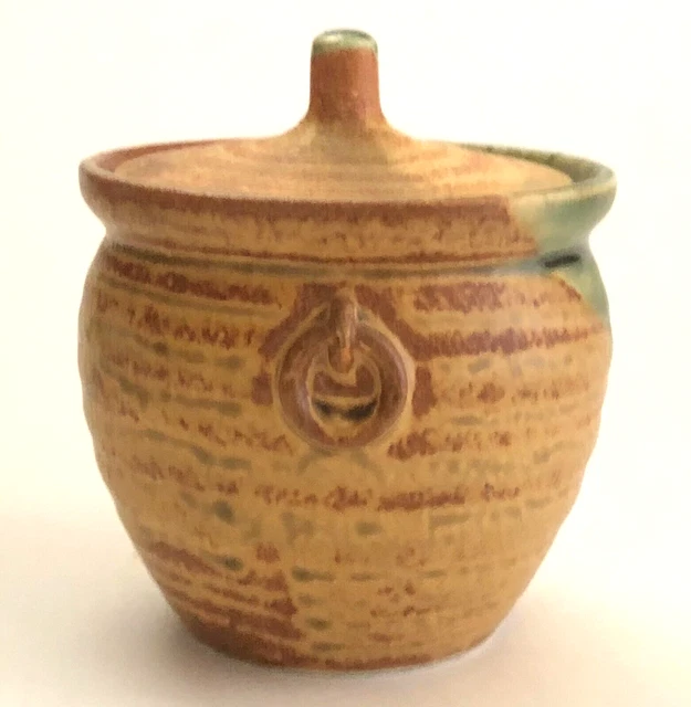 VINTAGE POTTERY POT with Lid Made in Japan Circular Pattern Green Drip ...