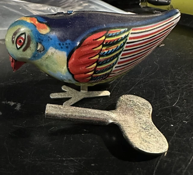 VINTAGE TIN LITHO Wind Up Mechanical Pecking Bird Toy ,Working W/ Key ...