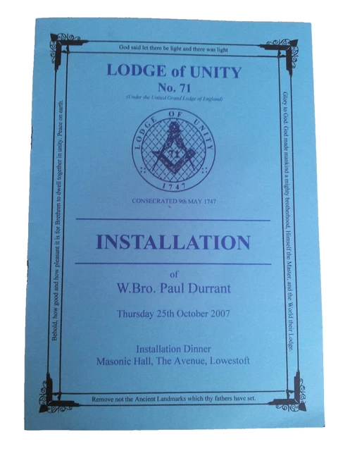 MENU - MASONIC Lodge Of Unity Installation Menu No 71 - 25th Oct 2007 £ ...