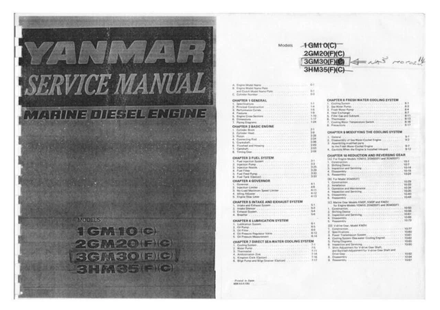 YANMAR MARINE DIESEL Engines GM series Workshop Manual for models see ...