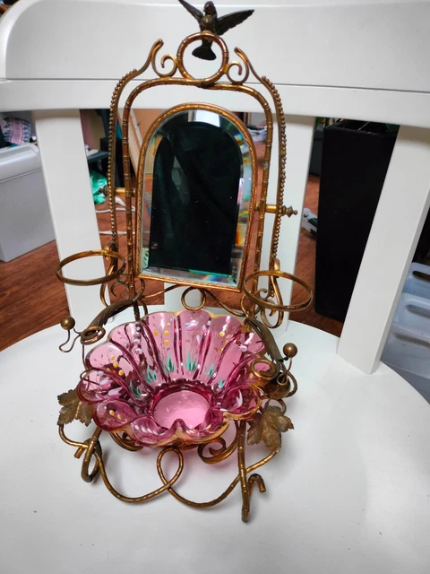 ANCIEN BAGUIER MIROIR Napoléon III bronze et cristal rose émaillé EUR ...