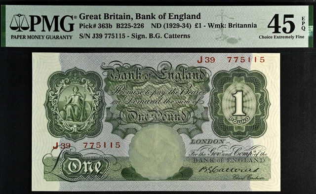 £1 BANK ENGLAND Note Catterns B225-226 363b PMG 45 1929-1934 Pound ...