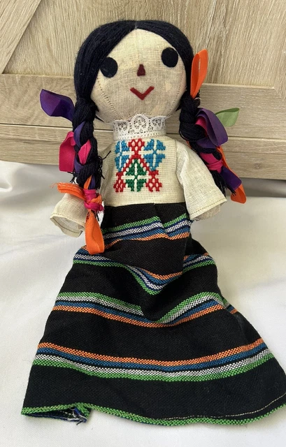 MEXICAN FOLK ART Maria Rag Doll Vintage handmade 12" arms legs poseable ...