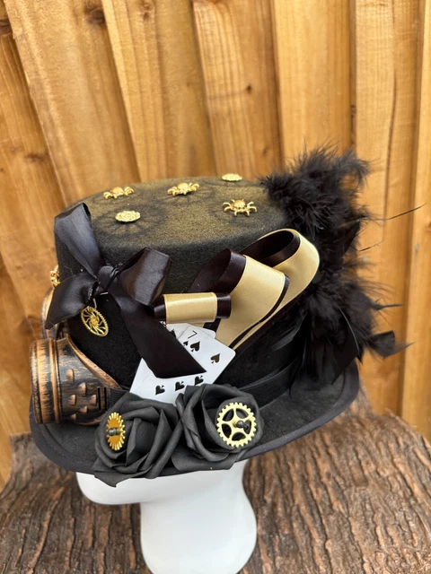 WOMAN CHILD BLACK Steampunk Top Hat Roses Cogs Goggles Feathers Cards ...