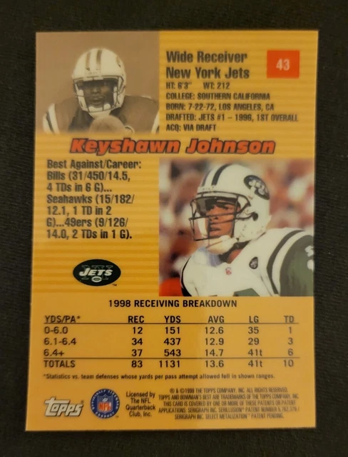 NFL KEYSHAWN JOHNSON WR New York Jets 1999 Topps Bowman Best #43 USC ...