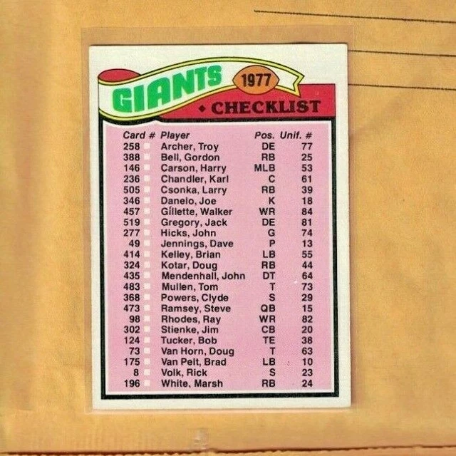1977 TOPPS NFL Unmarked Team Checklist New York Giants #218 EUR 4,43 ...