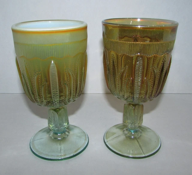 PAIR OF FENTON for Levay Aqua Opalescent Cactus Art Glass Goblets 1248 ...