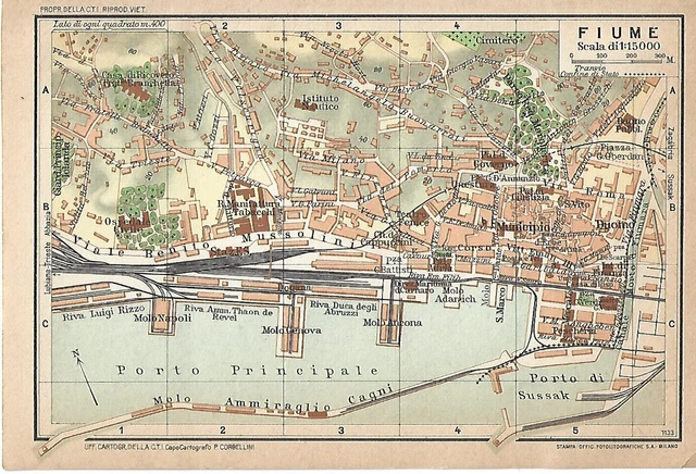 CARTA GEOGRAFICA ANTICA FIUME Rijeka pianta della città Istria 1934 ...